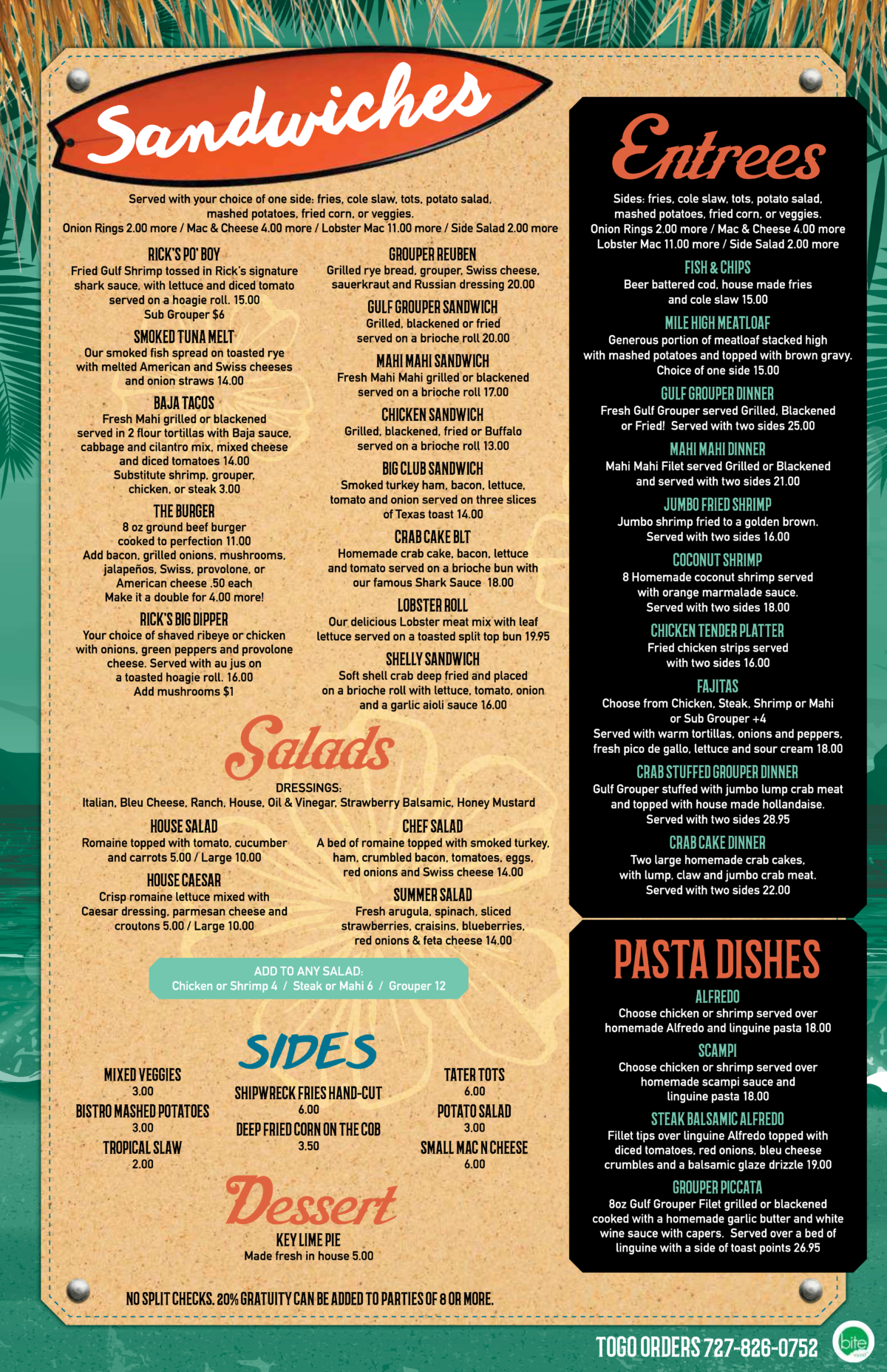 Dinner menu - Rick's Reef - St Pete Beach